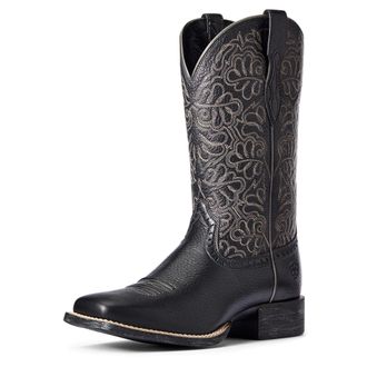 Ariat Womens Round Up Remuda Wide Square Toe Western Boots in Black Deertan Leather, B Medium Width, Size 38.5, by Ariat