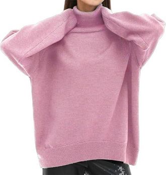 Generic Pull Coton Femme Hiver Pullover Femme Col Montant Pull &agrave; Col Roul&eacute; pour 2024 Automne Hiver en &Eacute;pais Ourlet Haut Bas Basique Tendance Large Oversize so