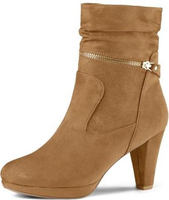 Allegra K Femmes Cheville Zip Plate-Forme Talon Haut Mi-Mollet Bottes Brun 37