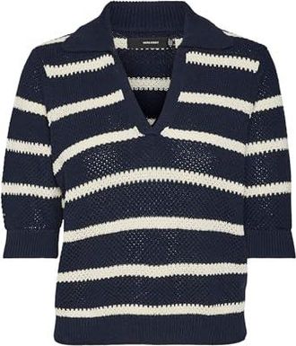 Vero Moda Vmamazing Boo Polo à col en V 2/4 Pull en Tricot, Navy Blazer/Detail:w. Birch, S Femmes