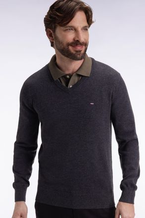 Eden Park Pull Col V En Laine Et Coton Gris Fonc&eacute;