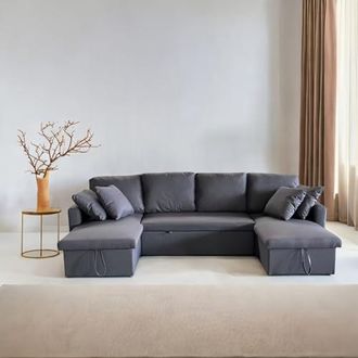Concept Usine | Canap&eacute; Panoramique Convertible MAH&Eacute; 4 Places | Tissu Gris Fonc&eacute; | avec Coffres de Rangement | Couchage Spacieux 267x110 cm | Design Moderne et Prati