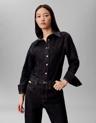 Calvin Klein Jeans Top en jean sculptural &agrave; coutures apparentes et taille cintr&eacute;e - D&eacute;lavage fonc&eacute;-Bleu marine