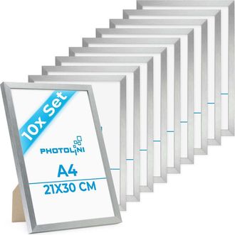 Photolini Bilderrahmen A4 Holz MDF Silber, 10er Set DIN A4 Bilderrahmen 21x30 cm Silber, bruchsicheres Acrylglas, picture frame zum Aufh&auml;ngen & Aufstellen, Rahm