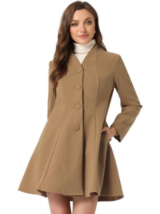 Allegra K Damen Mantel Langarm A-Linie R&uuml;schen Einreihiger Elegant Knopfleiste Wintermantel Braun L