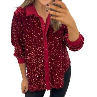 Generic Chemise &agrave; paillettes pour femme - Haut de No&euml;l scintillant - Coupe ample - Chemisier d&eacute;contract&eacute; boutonn&eacute; - T-shirt basique &agrave; paillettes tendance pour