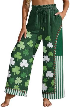Generic HUIFUAO Pantalon de la Saint-Patrick pour femme - Pantalon tr&egrave;fle amusant - Costume de la St Paddys irlandais - Pantalon de tr&egrave;fle irlandais - Taille 