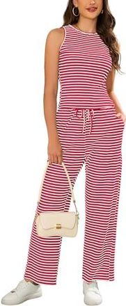 SHEKINI Ensemble 2 pi&egrave;ces pour femme - &Eacute;l&eacute;gant pull d&eacute;t&eacute; &agrave; rayures - D&eacute;bardeur - Taille &eacute;lastique - Pantalon large - Col rond - Tenue de loisirs, Rayures roug