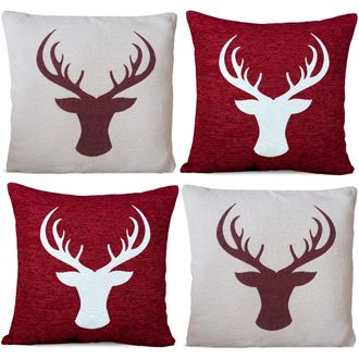 Matches 21 Kissenbezug flauschig 45x45 cm Mix rot mit Hirsch-Kopf - 4er Set Kissenh&uuml;llen als Weihnachtsdeko
