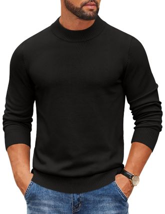 Coofandy Herren Pullover Rundhals Langarm Rollkragenshirt Gestrickt Rollkragenpullover Mock Turtleneck Sweater Leicht Strickpullover Schwarz 3XL