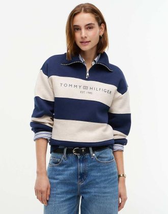 Tommy Hilfiger sweat-shirt en molleton coupe d&eacute;contract&eacute;e &agrave; quart de zip ray&eacute; bleu fonc&eacute; / chin&eacute; beige