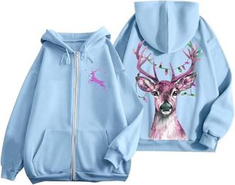 Generic Pull &agrave; capuche ample pour femme - Imprim&eacute; cerf de No&euml;l - Sweat &agrave; capuche zipp&eacute; d&eacute;contract&eacute; &agrave; manches longues - Cordon de serrage avec poche - Veste tr