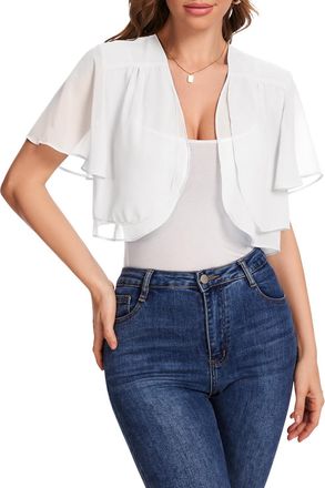 Bbonlinedress Bolero Damen festlich wei&szlig; Chiffon Strickjacke elegant Kurzarm Casual Bolerojacke Offene Vorderseite Schulterjacke White 2XL