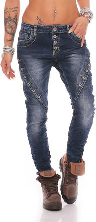 Fashion4Young MOZZAAR Damen Jeans Röhrenjeans Haremshose Hüftjeans Baggy Haremsjeans Boyfriend (XL=42, 10793-Dunkelblau)