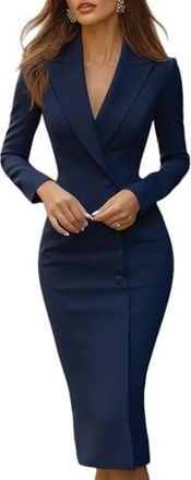 Generic Robe Blazer pour Femme &Eacute;l&eacute;gante, Costume Ajust&eacute;, Col Tailleur, Blazer Simple Boutons, Robe Blazer pour Affaires, Tenue Professionnelle Hiver, bleu, XS