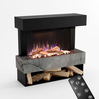Glow Fire Kaminofen PR5 mit realistischem 3D E-Motion LED-Feuer - Stand-Elektrokamin mit Heizung, Kaminfeuer & Timer, max. 1500 W, 111x103,8x35, Schwarz (Marmor