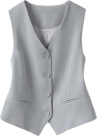 Minetom Gilets de Tailleur Femme Élégant Sans Manche Blazer Gilet de Costume Col V Affaires Travail Veste Waistcoat avec Boutons B Gris Clair XXL