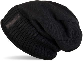 styleBREAKER Unisex Beanie Mütze mit Fleece Innenfutter und Label | Warme Winter Strickmütze aus Feinstrick | Elastische Longbeanie für Damen und Herren, Farbe:Sch