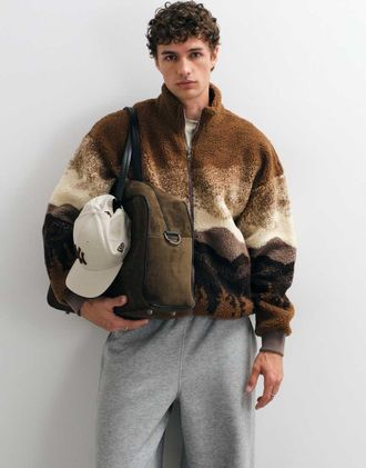 Only & Sons oversized Bomberjacke aus Fleece mit Landschaftsprint in Braun