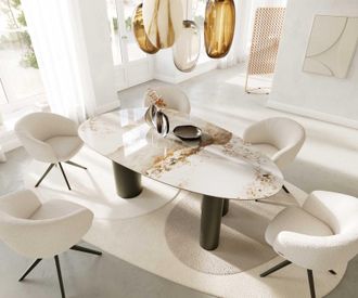 DELIFE Esstisch Edge Oval 220x120 Keramik Minas Melange Wei&szlig;-Beige Pilier Metall Effektfinish Titan, Esstische