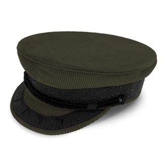 Fiebig Original Cord Prinz-Heinrich M&uuml;tze | Klassische gef&uuml;tterte Kapit&auml;nsm&uuml;tze mit Kordel, Ankerkn&ouml;pfen & Emblem (60-XL, Olivgr&uuml;n)