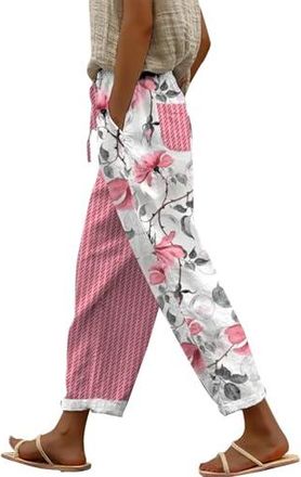 Generic Pantalon dété long en lin pour femme - Pantalon dété léger pour femme - Grandes tailles - Pantalon de plage léger et aéré - Pantalon sarouel avec poch