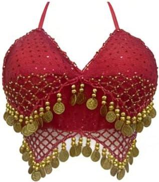 Generico Haut &agrave; paillettes pour femme - Haut brillant avec pi&egrave;ces de monnaie - Dos nu - Carnaval, Halloween, Rave, f&ecirc;te, bal latin et indien, rouge, Taille Uni