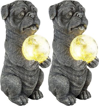 Globo Lighting Solarleuchte Hund Gartendeko Tierfigur grau Solarlampe Kugel Bruchglas Hund, LED warmwei&szlig;, LxBxH 17,5x13x29 cm, 2er Set