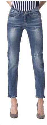 Frankie Morello Femme, Jeans, Bleu, Taille: W27 Jean Slim Fit D&eacute;chir&eacute; avec Logo en Cuir