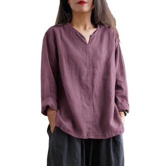 Generic Chemisier d&eacute;contract&eacute; en coton et lin pour femme - Couleur unie - Coupe d&eacute;contract&eacute;e - Tunique ample et confortable - Chemisier &eacute;l&eacute;gant &agrave; manches long