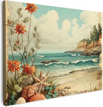 MuchoWow © Wandbilder 80x60 cm Wohnzimmer Wanddeko Schlafzimmer Zimmerdeko Fotowand Zimmer Deko Wand Dekoration Wall Art Vintage - Meer - Felsen - Pflanzen - N