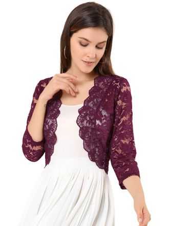 Allegra K Damen Spitzen Festlich Bolero 3/4 &Auml;rmel Hochzeit Strickjacke Vorne Offen Crop Cardigan Shrug Burgund XS