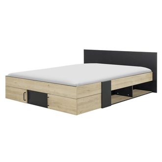 Calicosy Diagone Bett mit Ablagefl&auml;chen, 160 x 200 cm, Swivel - Spanplatten - Franz&ouml;sisches Produkt - Schwarz und helles Holz - Industrie - f&uuml;r Schlafzimmer - 