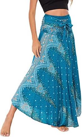 Feoya Jupe Longue Bohême Femme Jupe Gitane Fluide Hippie Taille Haute Élastique Jupes Indienne Maxi Robe Imprimé de Plage Vacances Robes Licou Dos Nu Sexy 2