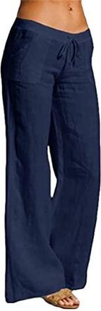ORANDESIGNE Pantalon Lin Femme Été Pantalon Fluide Large Taille Elastique Casual Ample Solide Grande Taille A Bleu Foncé XL