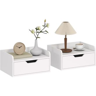 HOMCOM Lot de 2 tables de chevet murales - HOMCOM - tiroir et plateau &agrave; rebords sur&eacute;lev&eacute;s - panneau de particules - 40x30x19,5cm - naturel