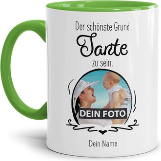 Tassendruck Tasse mit Spruch - Der schönste Grund Tante zu sein - Personalisierbare Keramiktasse mit Namen und Foto - Geschenk Tante - Innen & Henkel Hellgrün, 30