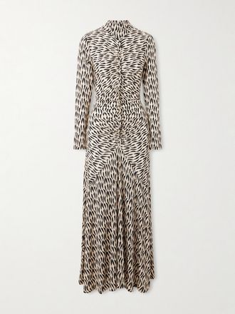 Ulla Johnson Robe Midi À Col Montant En Jersey Stretch Imprimé À Fronces Et À Volants Ida - Gris