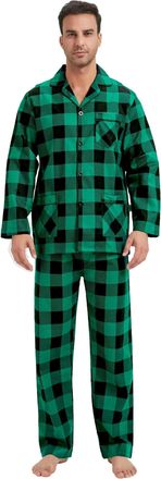 Global Herren Schlafanzug Flanell Herren Pyjama Set Lang Baumwolle Herren Zweiteilige Nachtw&auml;sche Loungewear Schlafanzughose Lang Gummizug und Kordelzug Gr&uuml;n