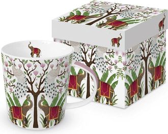 ppd Tasse Tiere Elefanten und Pfauen am Baum aus Porzellan im passenden Geschenkkarton. Motivtasse f&uuml;r den gedeckten Tisch und als Geschenk 0,4L x H9.7cm