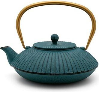 Bredemeijer blaue flache Asia Teekanne 1.1 Liter Gusseisen - Asia Gusskanne mit Tee-Filter-Sieb aus Edelstahl