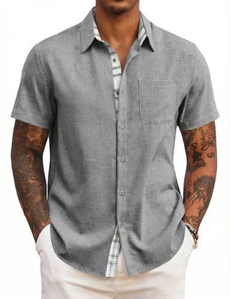 Coofandy Chemise d&eacute;t&eacute; d&eacute;contract&eacute;e &agrave; manches courtes pour homme, coupe droite, pour vacances, plage, avec poches, gris clair, M