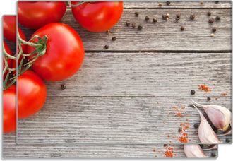 Wallario 2er Set Fr&uuml;hst&uuml;cksbrettchen aus Glas, Glasunterlage, Glasbrettchen Tomaten und Gew&uuml;rze auf altem Holztisch, Gr&ouml;&szlig;e 30 x 20 cm, Sicherheitsglas