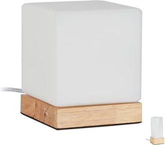 Relaxdays Tischlampe W&uuml;rfel, Wohn- & Schlafzimmer, Holz & Milchglas, E14 Nachttischlampe, 15 x 12 x 12 cm, wei&szlig;/natur