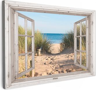 MuchoWow Leinwand Bilder, Einzigartige Wanddeko mit Rahmen, Durchblick - Strand - Meer - Dünen - Sand - Wasser - Hochgras, Wandbilder Wohnzimmer, Deko Schlafzi
