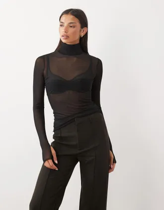 AFRM Zadie top en tulle &agrave; col montant et manches longues noir