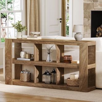 Tribesigns Table console &eacute;troite &agrave; 3 niveaux - 160 cm - Table dappoint avec 6 &eacute;tag&egrave;res cubiques - Pour salon, couloir, entr&eacute;e, hall - Marron rustique