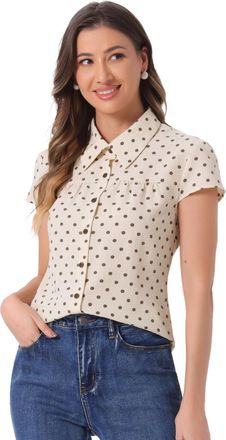 Allegra K Damen Punkte Oberteil Stehkragen Vintage Polka Dots Punkte Kurzarm Shirt Bluse Braun XS