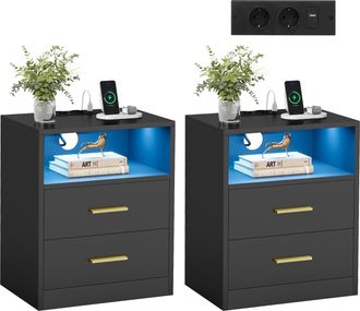 Vasagle Custos Kollektion - Nachttisch mit Ladestation, 2er Set, LED-Beleuchtung, Beistelltisch, modern, mit Schubladen, 2 AC-Steckdosen und USB-Anschl&uuml;ssen, 