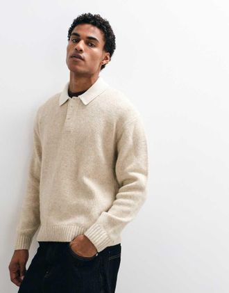 Abercrombie & Fitch pull en maille style rugby avec col contrastant couleur vison-Marron